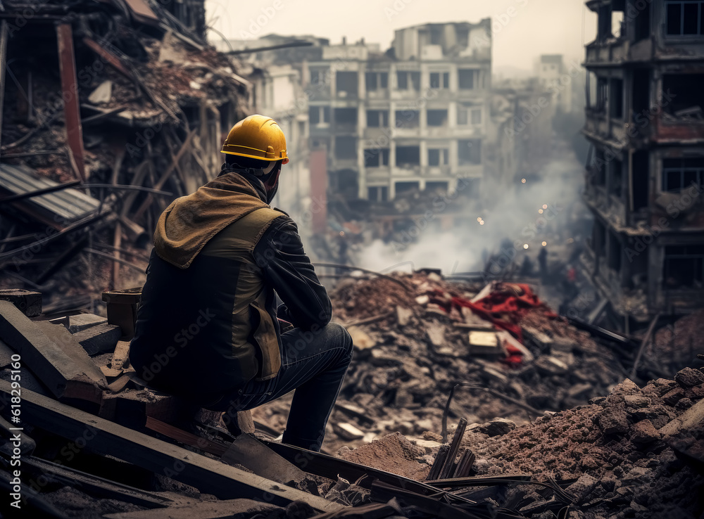 Workers cleaning up rubble of a city or town devastated by war or a ...