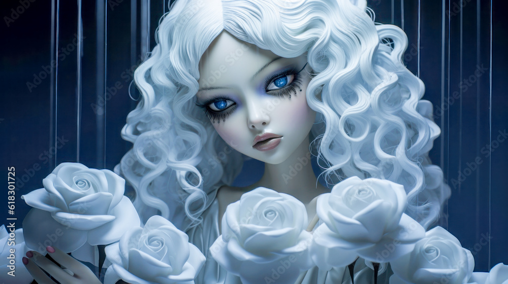 Ilustración de Stock Sad Doll Face with Roses in Rain Illustration ...