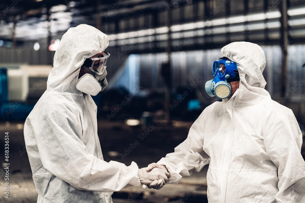 Scientist wear Chemical protection suit check danger chemical, working ...