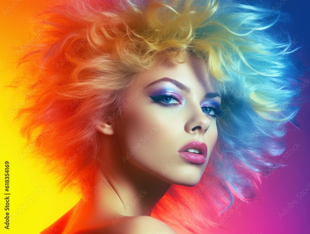 80s fashion hairstyle portrait of female woman with multi coloured ...