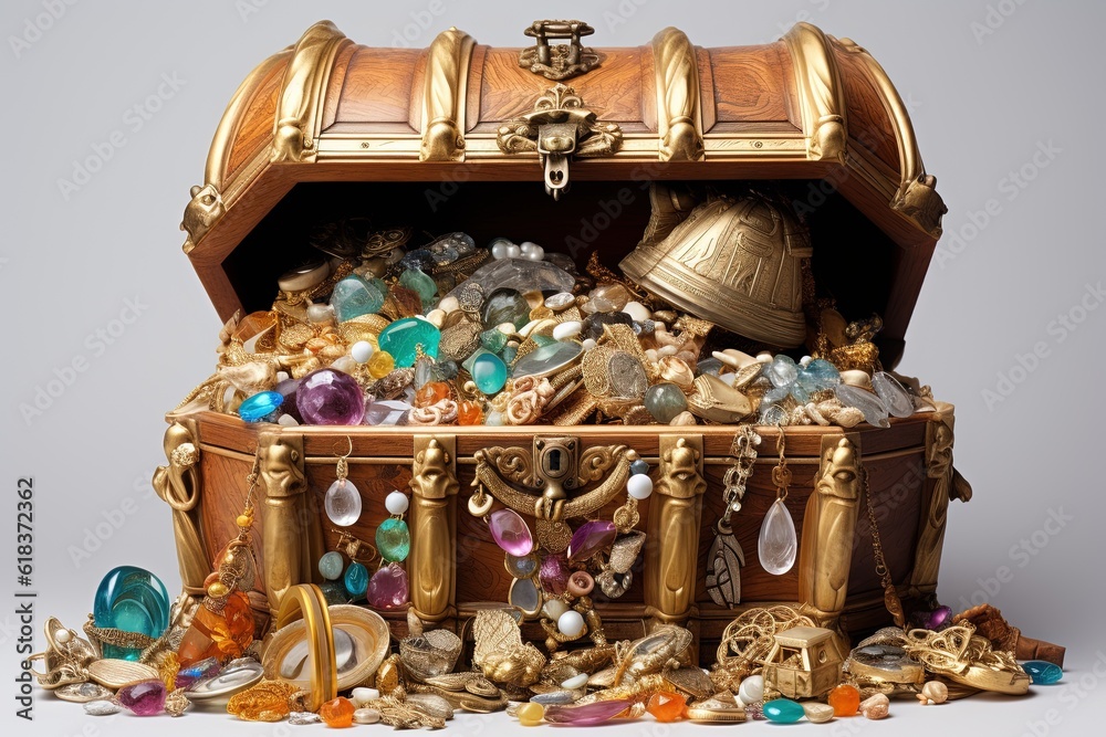 Open wooden treasure chest, overloaded with jewelries. Generative AI ...