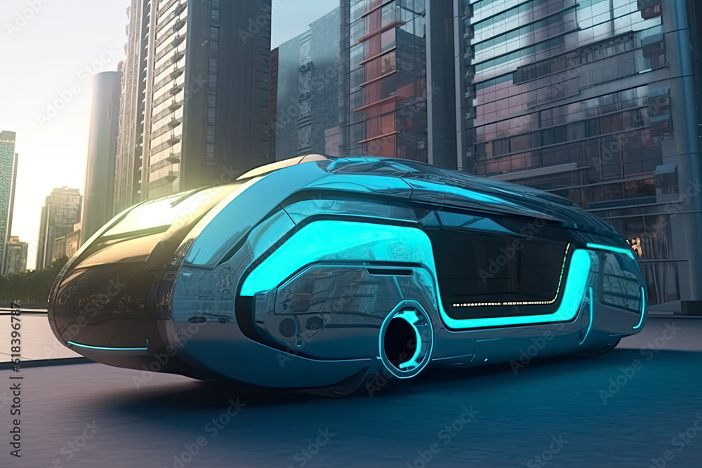Autonomous electric bus in smart city, metaverse or cyberpunk conpept.AI generated Stock ...