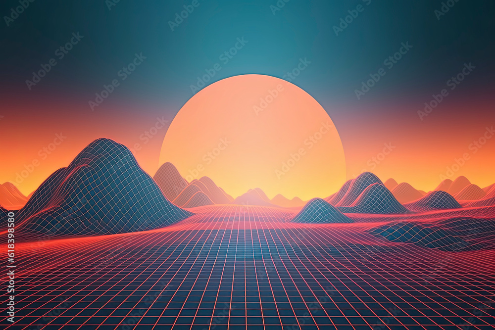 80s Retro Sci-Fi Background. Digital retro wireframe landscape.AI ...