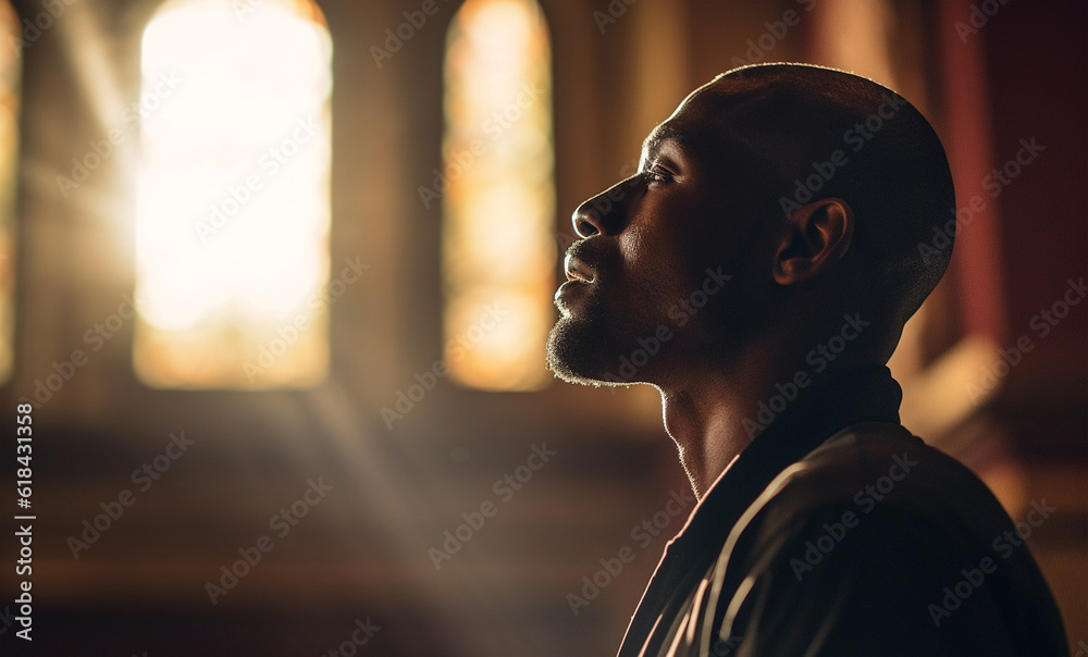 Prayer, christian and thinking with black man in church for god, holy ...