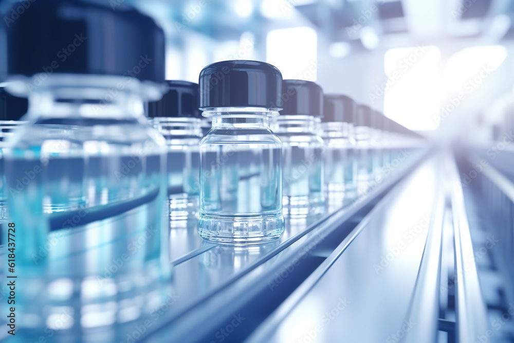 Pharmaceutical manufacture background with glass bottles with clear ...