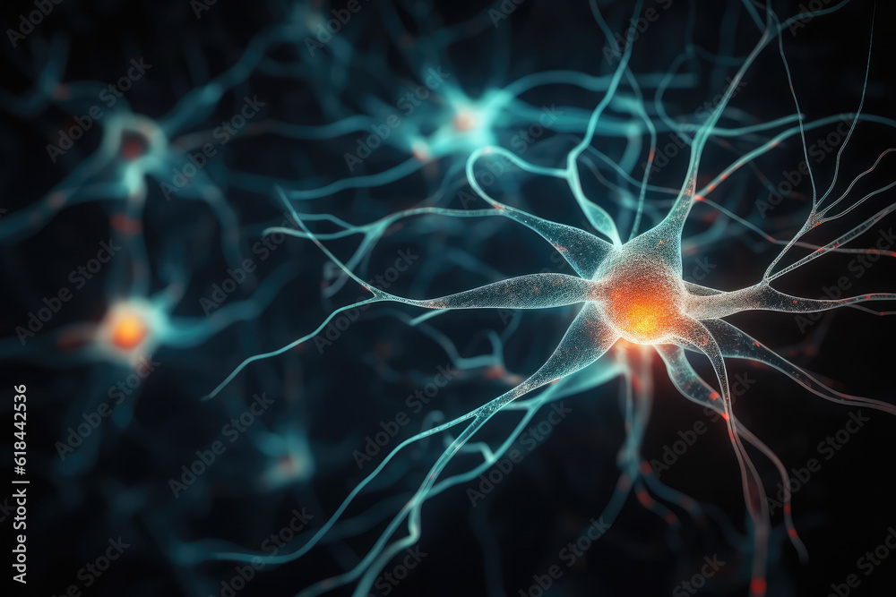 Active nerve cells. Neuronal network with electrical activity of neuron ...