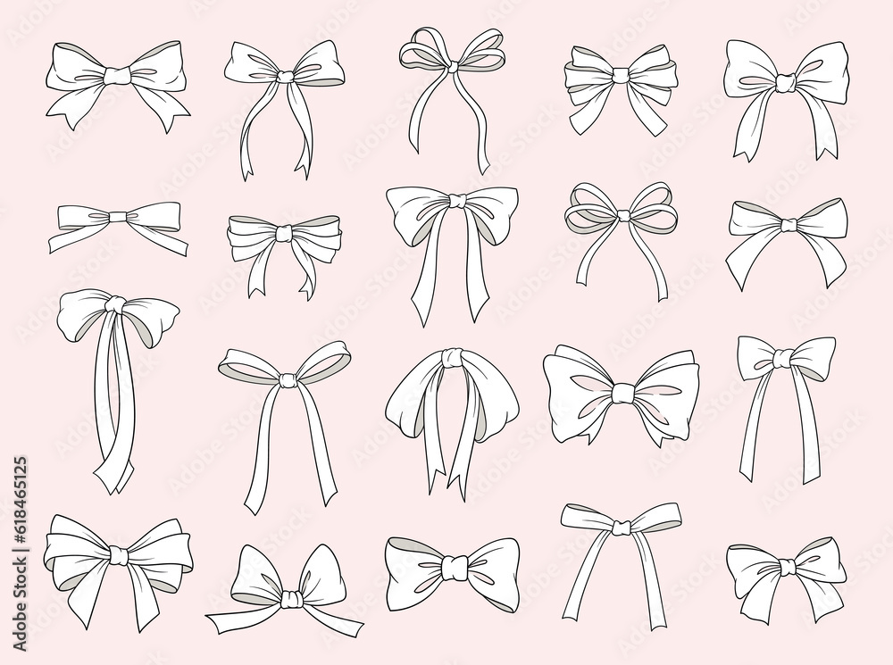 Set of bows. Outline icons with elegant ribbons and ties. Stickers with ...