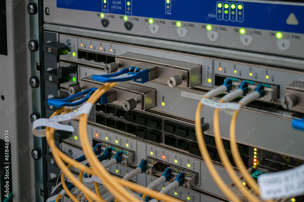 Modern switching equipment is in the server room of the Internet data ...