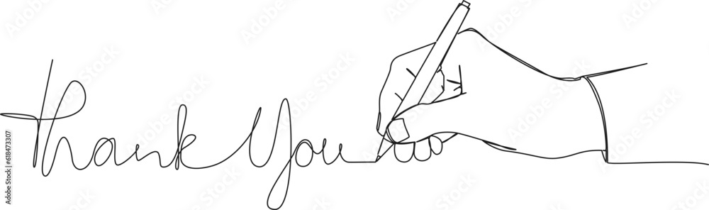 continuous single line drawing of hand with pen writing words THANK YOU ...
