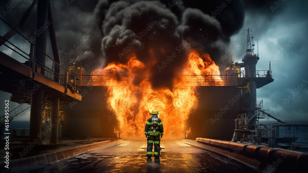 Foto de Stock Accident, fire and explosion with firefighter on oil rig ...