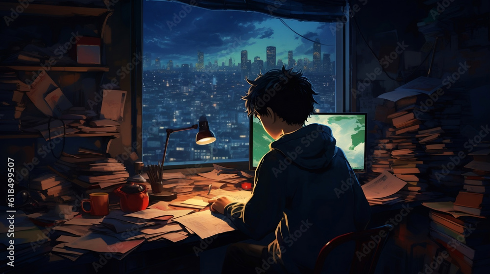 Cool Lofi boy studying at her desk Rainy or cloudy outside beautiful chill atmospheric wallpaper ...
