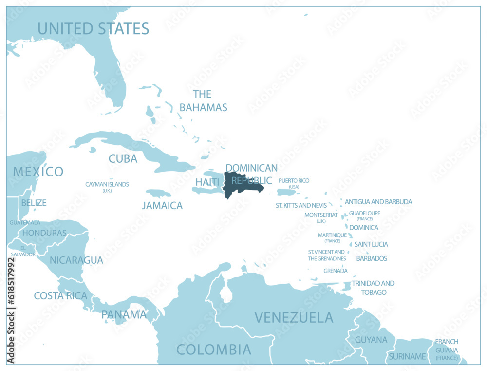 Dominican Republic - blue map with neighboring countries and names ...
