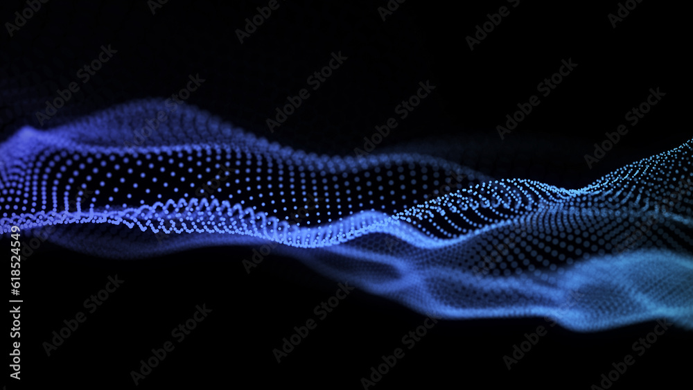 Blue digital halftone wave on the black background. The futuristic ...
