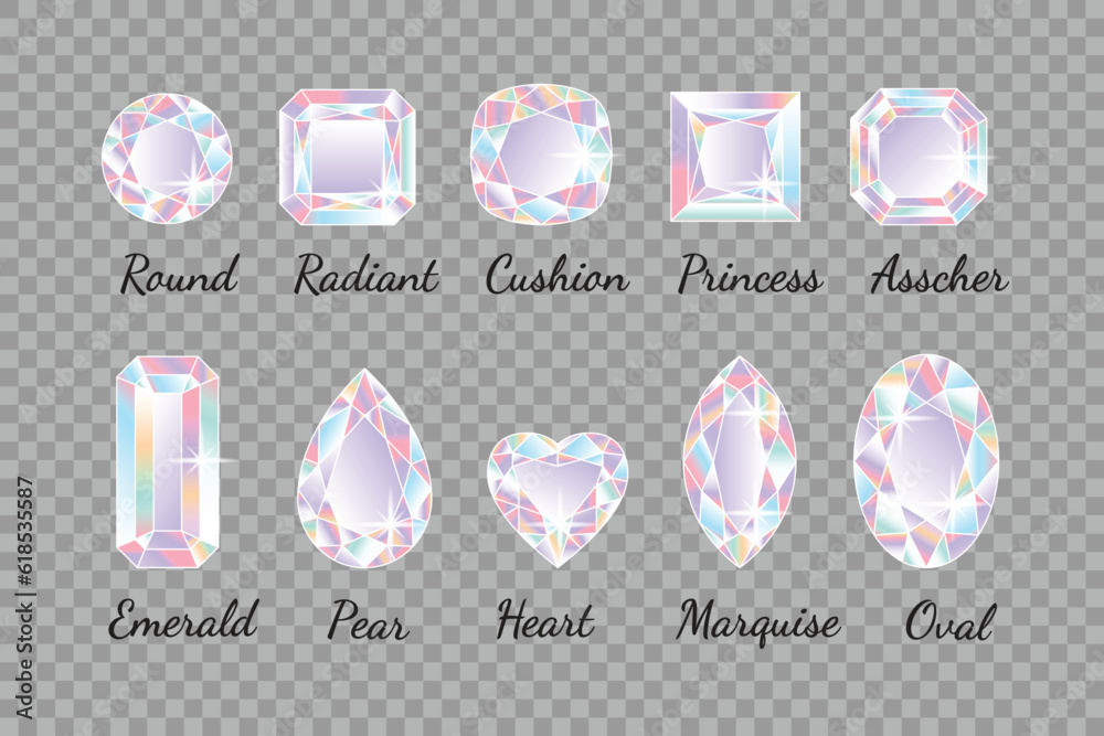Collection of coloured shining diamonds of different shapes on a ...