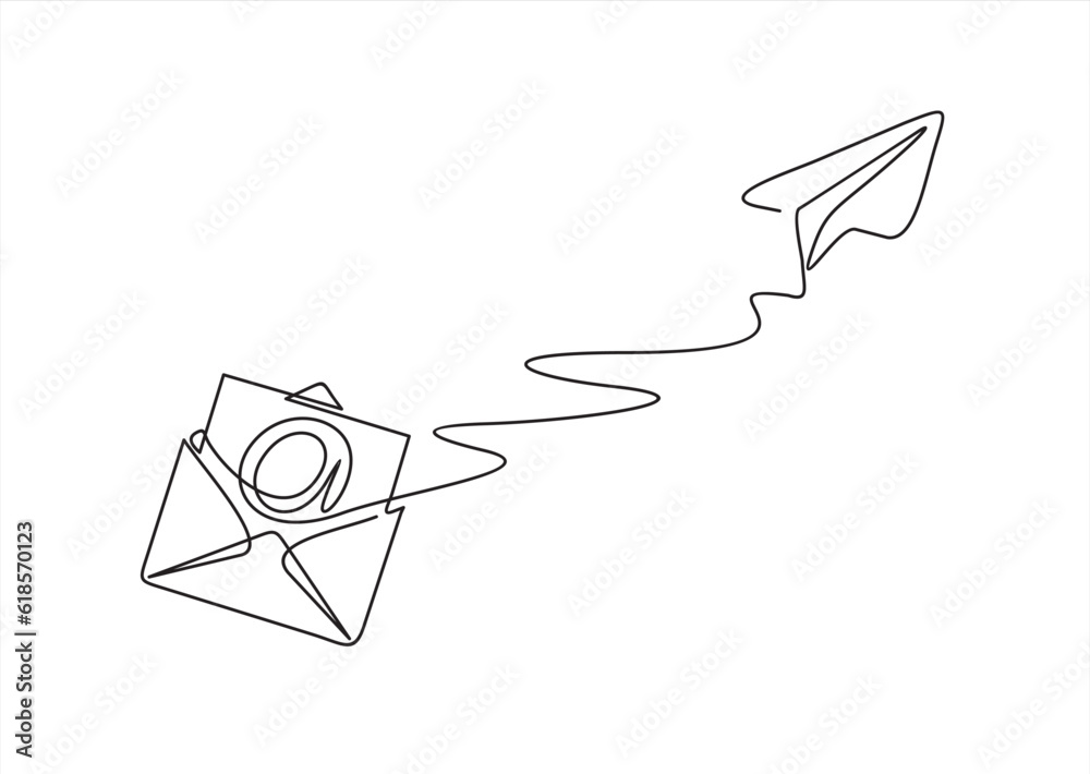 continuous one line drawing of Email message post letter send ...