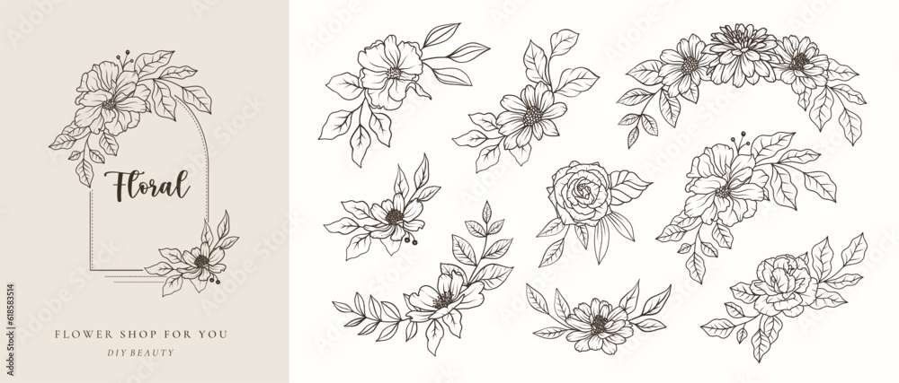 Vetor Set of floral botanical black line art bouquets. Flowers and ...
