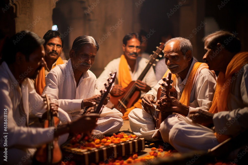A group of men playing traditional musical instruments during a folk ...