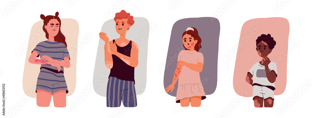 People with skin diseases set. Young sad characters with skin rash and ...