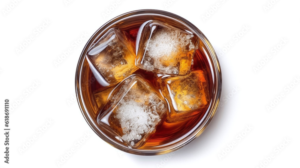 Cola in glass with ice cubes and straw from top view isolated on white ...