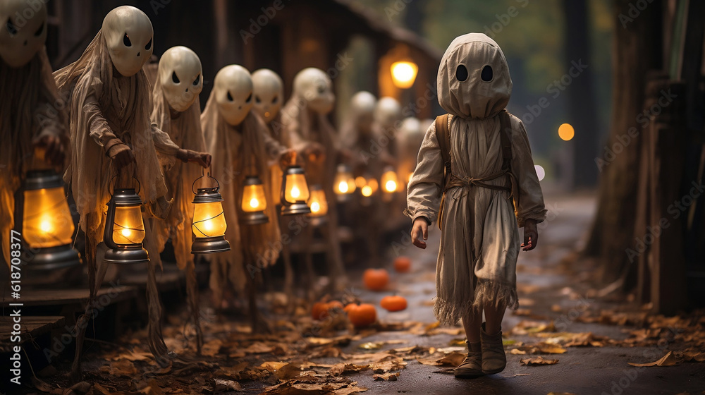 Boy dressed as a ghost walking down a street full of scary ghosts ...