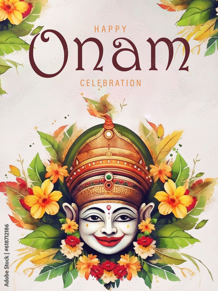 Happy Onam Poster Design with Traditional Mask and Flower and Leaf. AI ...