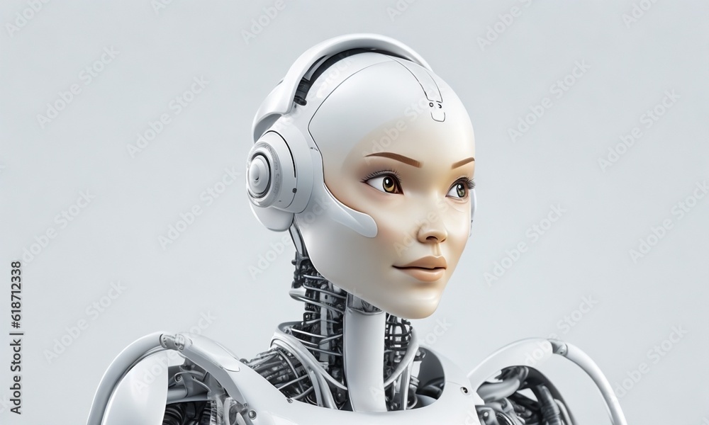 AI Robot Girl in light gray background. Futurestic cyborg humanoid ...
