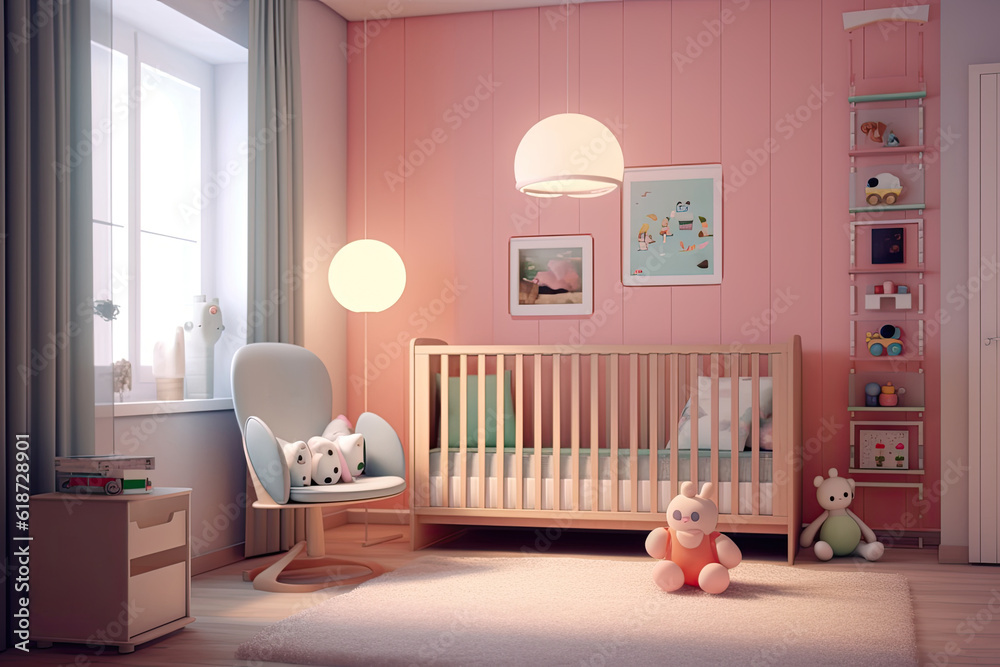 cute pastel baby room with crib, AI Generated Stock Photo | Adobe Stock