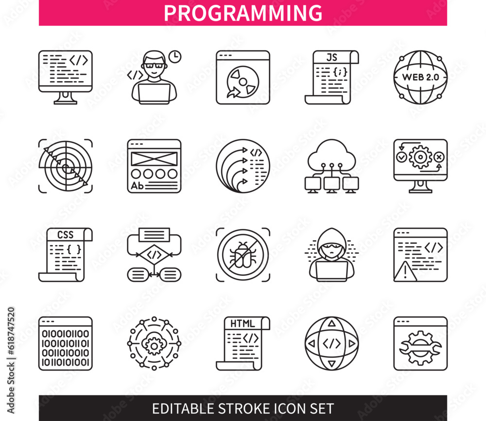 Editable Line Programming Outline Icon Set Web Algorithm Binary Code Spiral Development