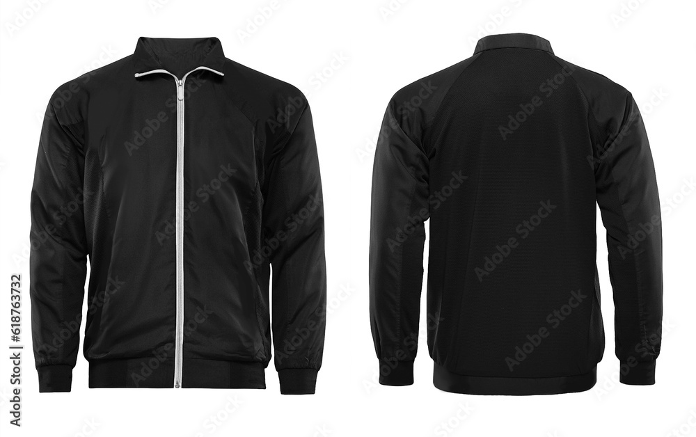 Blank black color jacket in front and back view, isolated on white ...