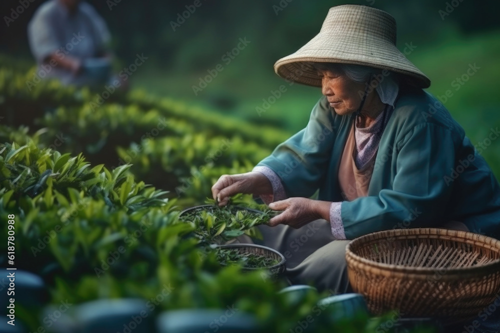 Harvesting tea at a tea plantation Stock Illustration | Adobe Stock