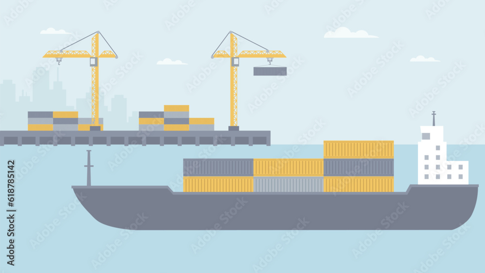 Logistic delivery solutions vector. Cargo ship in port. Container ...
