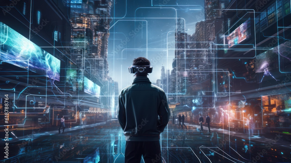 Depict a skilled cyberpunk hacker in a futuristic setting, surrounded ...