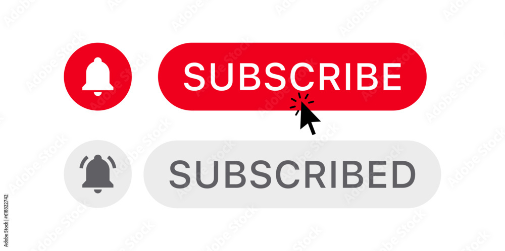 youtube subscribe button and notification bell icon alarm symbol, mouse ...