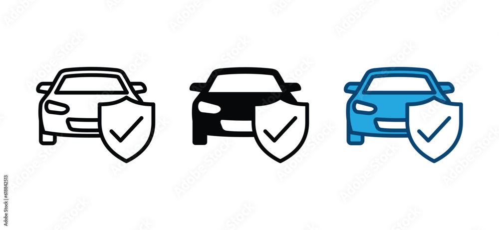 Vehicle insurance icons in line and flat style. Car with shield ...