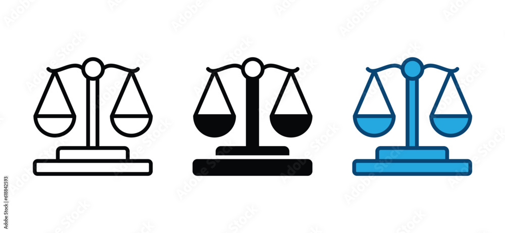 Scale icon set in line and flat style. Justice scales icon or risk ...