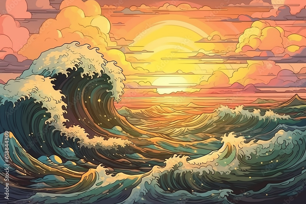An illustration depicting manga-style waves and a sunset sun, inspired ...