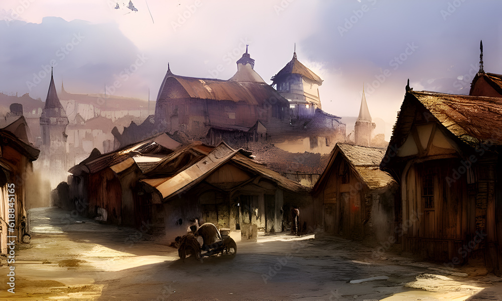 Line art watercolor wash of ancient primitive villages streetscape ...