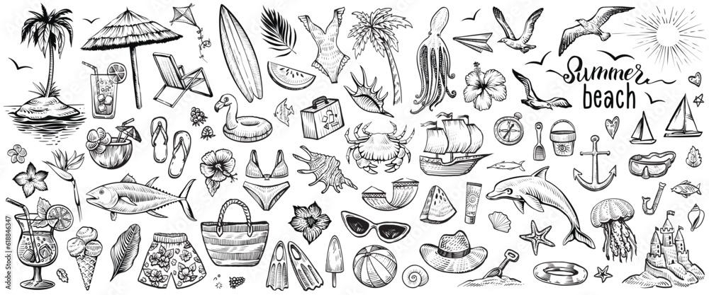 Summer beach, hand drawn vector collection. Set of summertime sketches ...