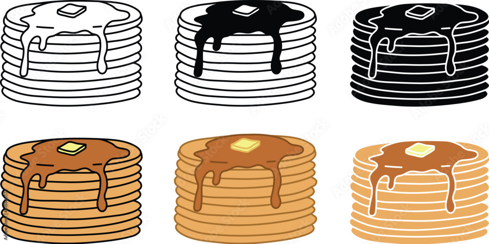Pancake Stack with Syrup Clipart Set - Outline, Silhouette and Color ...