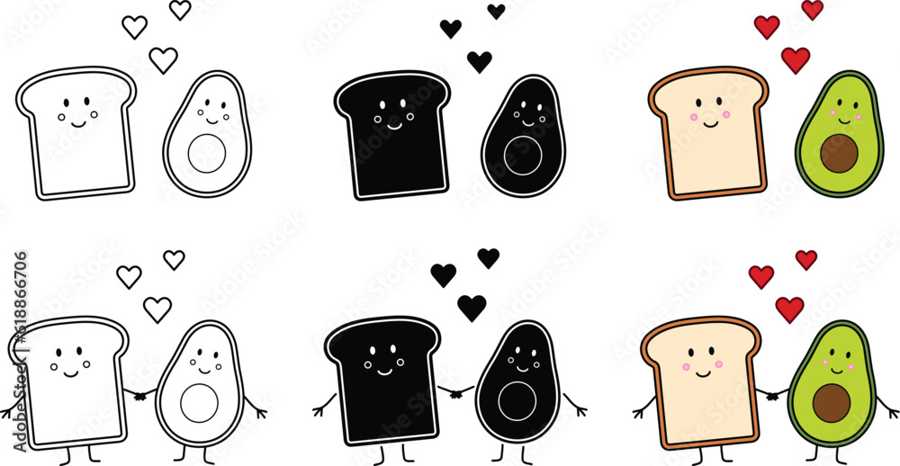 Cute Avocado and Toast Clipart Set - Outline, Silhouette & Color Stock ...