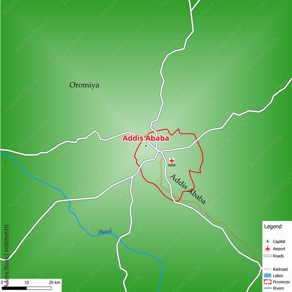Map of the capital city Addis Ababa with main streets, rivers, lakes ...