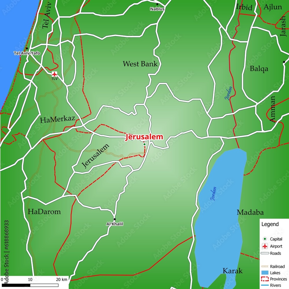 Map of the capital city Jerusalem with main streets, rivers, lakes ...
