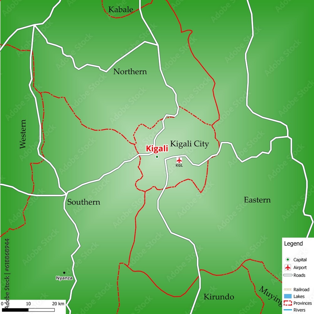 Map of the capital city Kigali with main streets, rivers, lakes, urban areas and names of ...