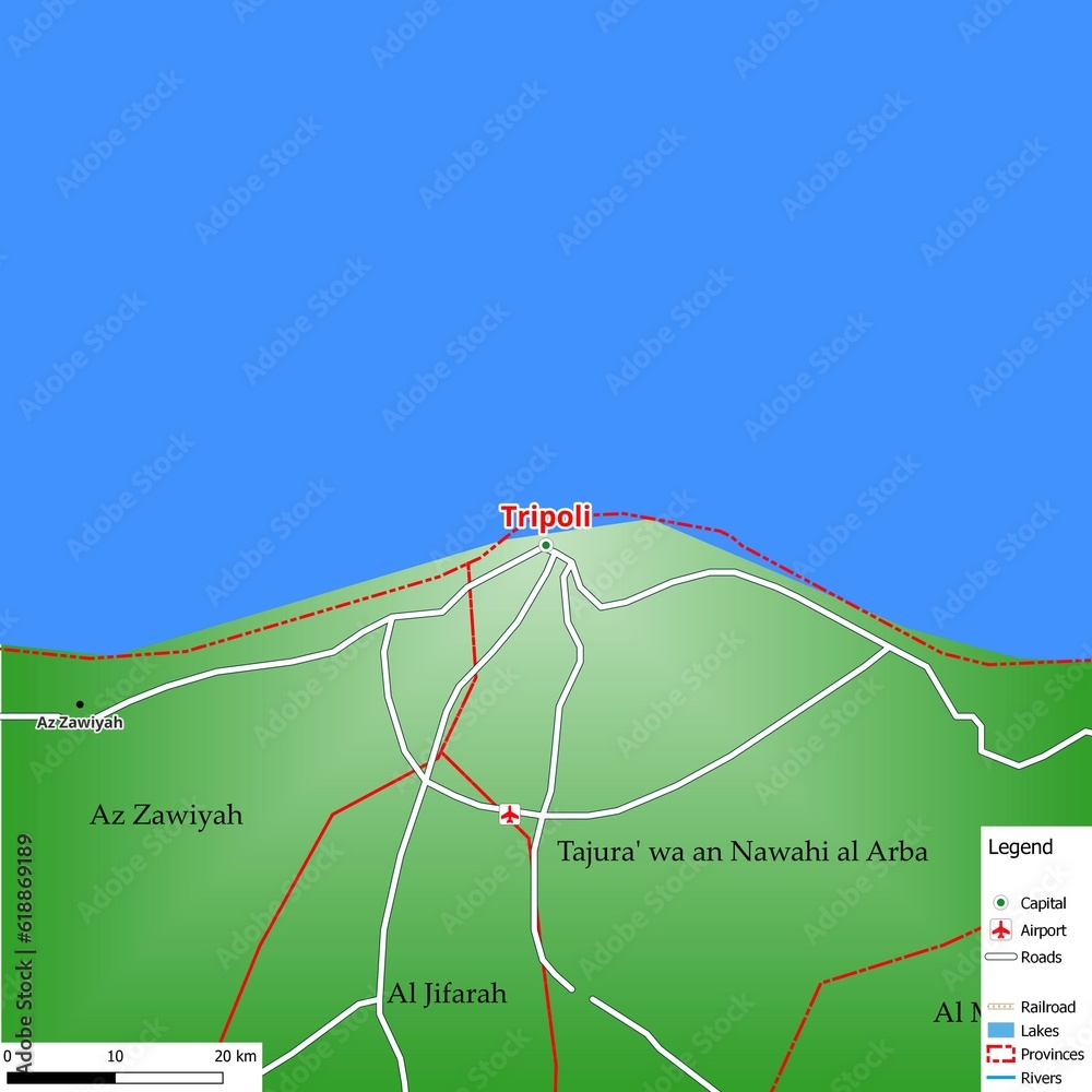 Map of the capital city Tripoli with main streets, rivers, lakes, urban ...