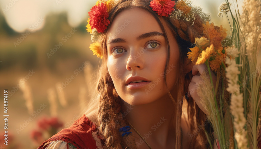 Beautiful girl with wildflowers in the midsummer sun celebrating ...