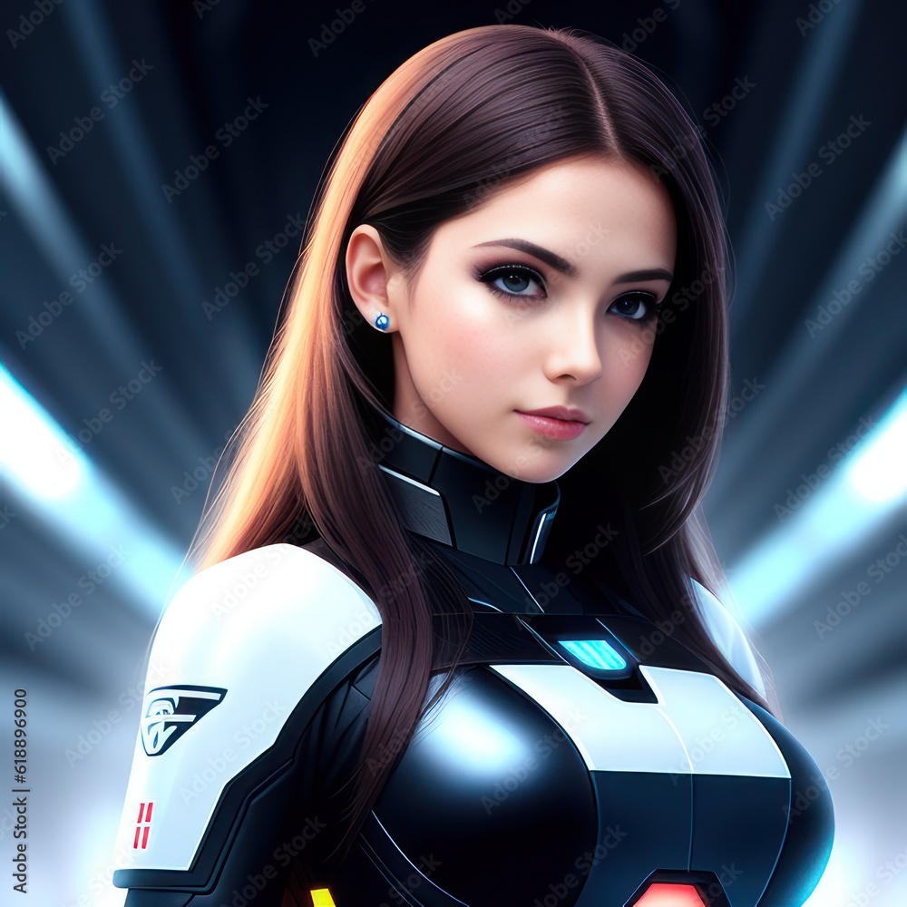 Female Astronaut Spatial Mission Sci-Fi Portrait. Beautiful future young woman with long dark ...