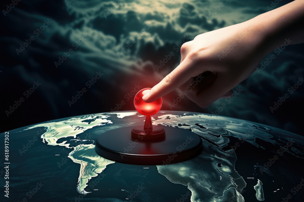 Nuclear threat and world war concept. Hand presses red button to launch ...