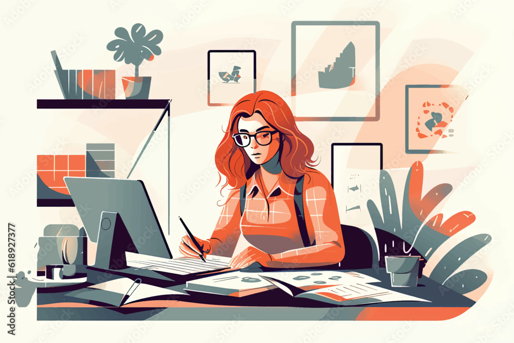 Content female accountant at office desk, calculating taxes on computer ...