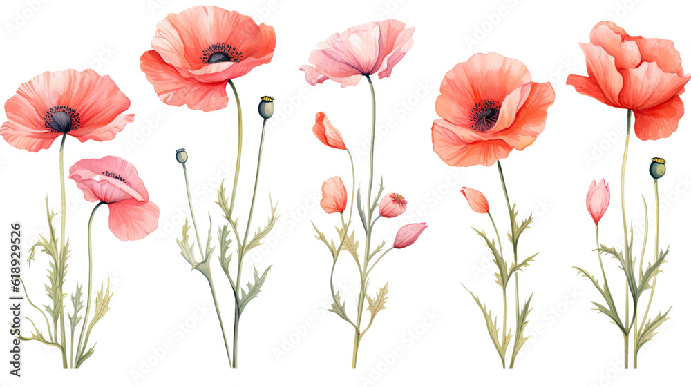 a collection of soft watercolor poppies flowers isolated on a ...