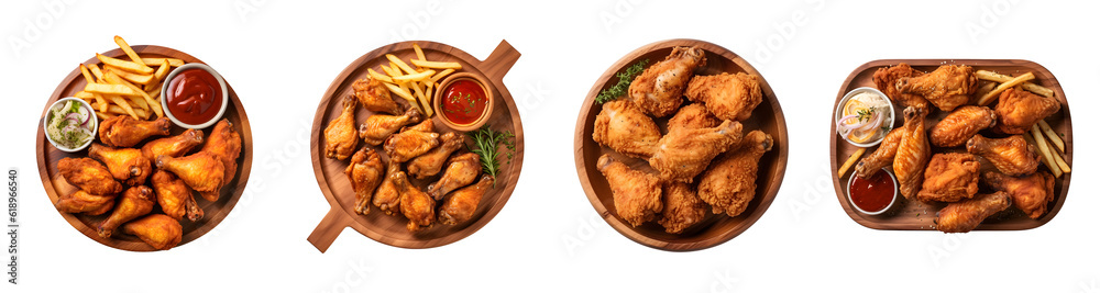 Set of top view tasty delicious fried chicken and fried fried in wooden ...